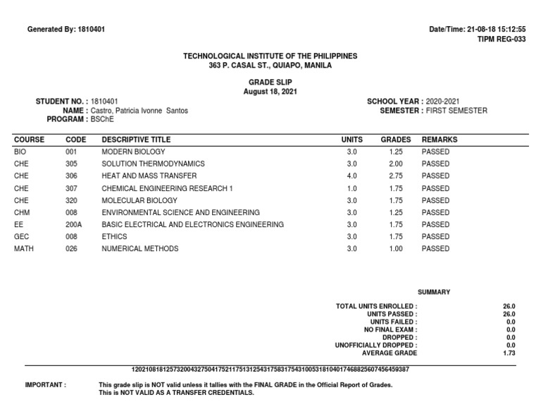 Grade Slip 1st Sem | PDF | Physical Sciences | Science And Technology