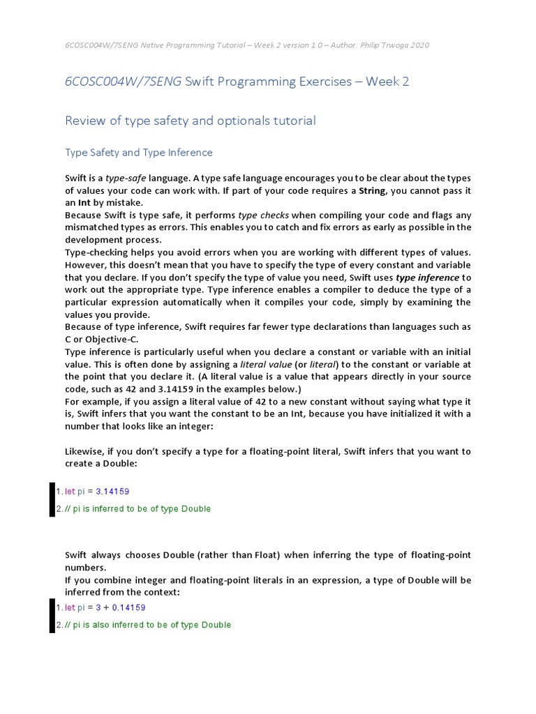 6COSC004W-7SENG Tutorial Week 2 Swift Programming Exercises v1 | PDF ...