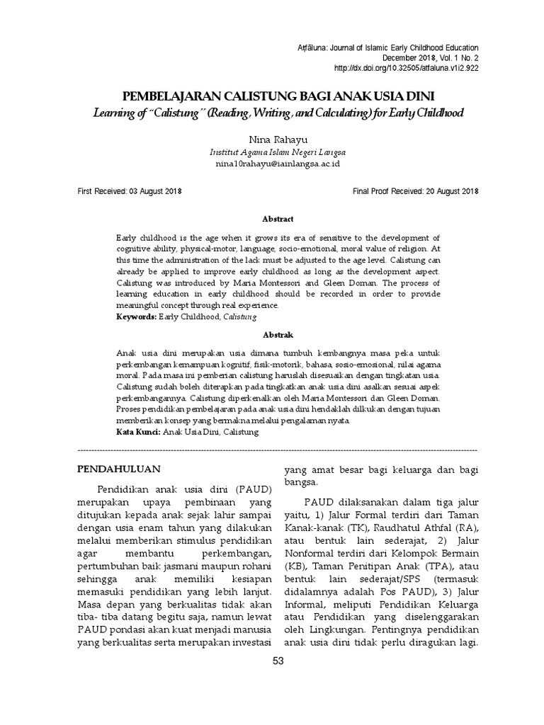Calistung untuk Pendidikan Anak Usia Dini | PDF