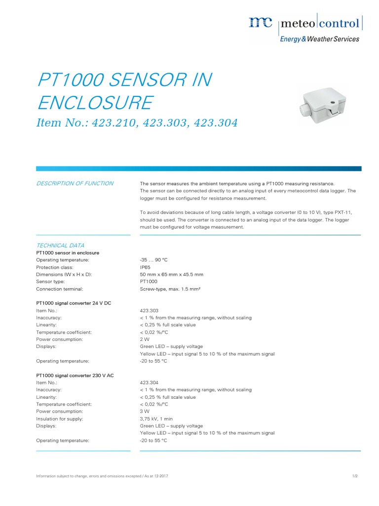 Pt1000 Sensor in Enclosure: Item No.: 423.210, 423.303, 423.304 | PDF ...