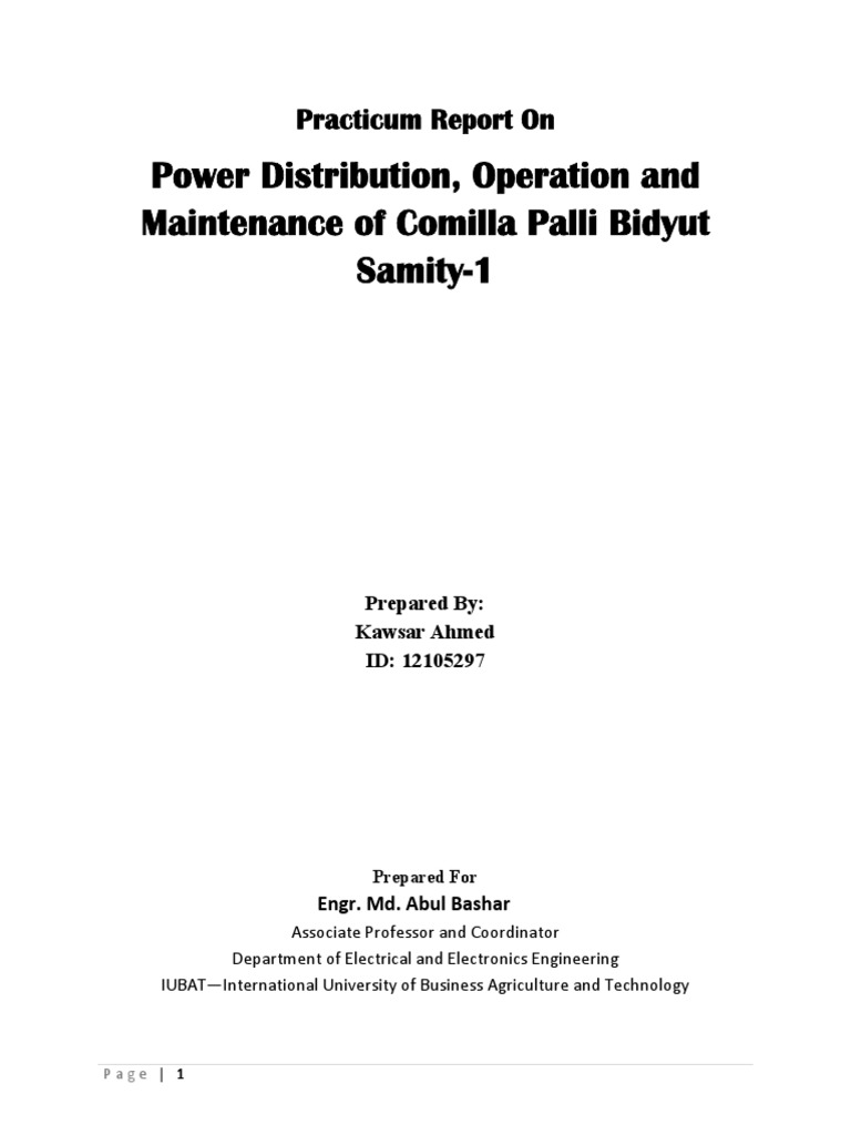 Power Distribution, Operation and Maintenance of Comilla Palli Bidyut ...