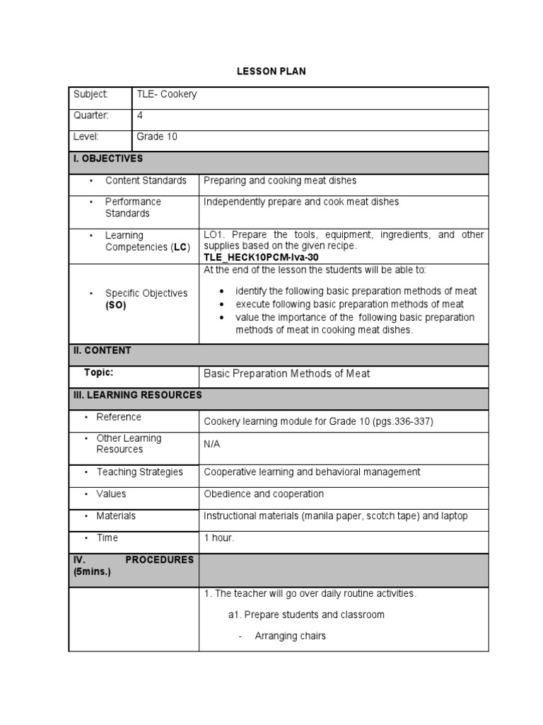 Lesson Plan: Basic Preparation Methods of Meat | PDF | Foods | Steak