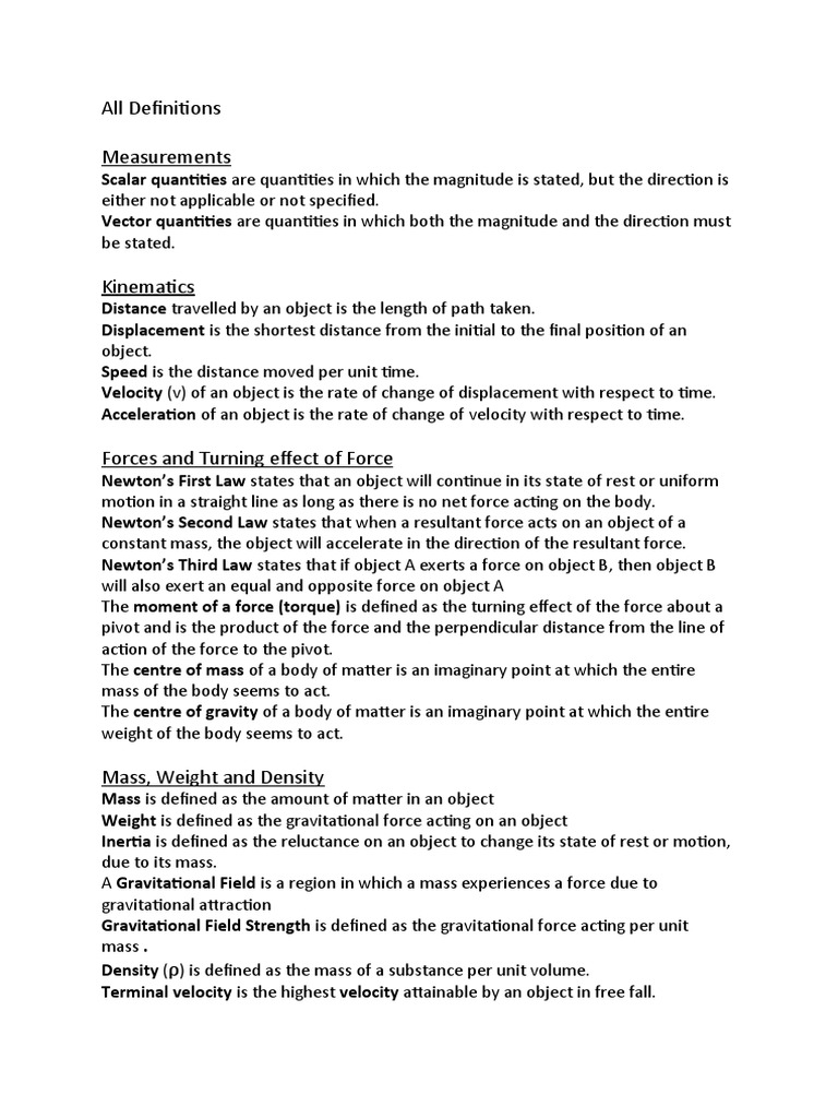 All Definitions For O Level Physics | PDF | Force | Electromagnetic ...