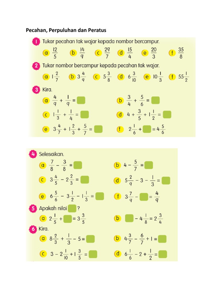 Tahun 4 - Latihan Pecahan, Perpuluhan Dan Peratus | PDF