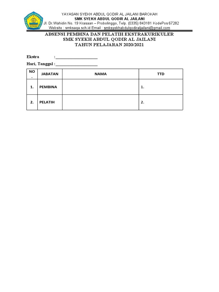 Absensi Pembina Dan Pelatih Ekstrakurikuler | PDF
