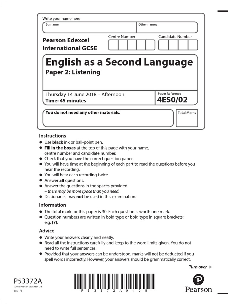 English As A Second Language: Paper 2: Listening | PDF | Question ...