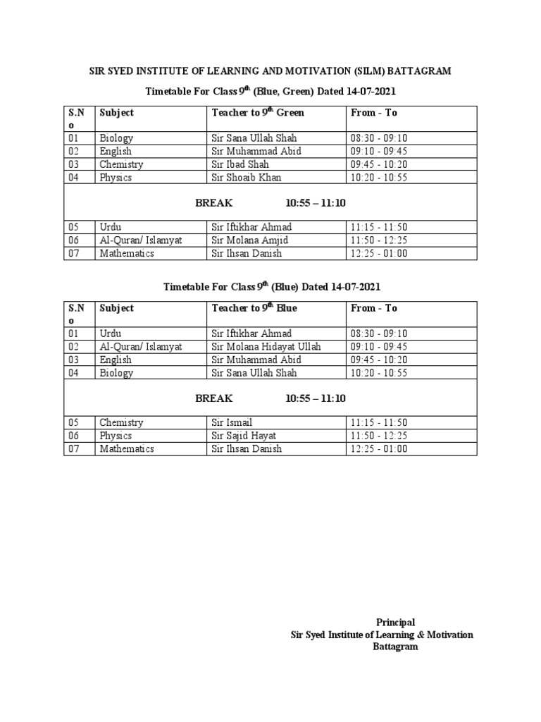 9th Whole Timetable | PDF