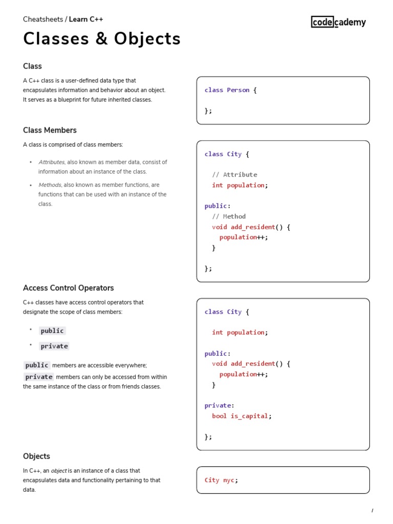 Learn C Classes Objects Cheatsheet Codecademy Pdf Class Computer Programming 