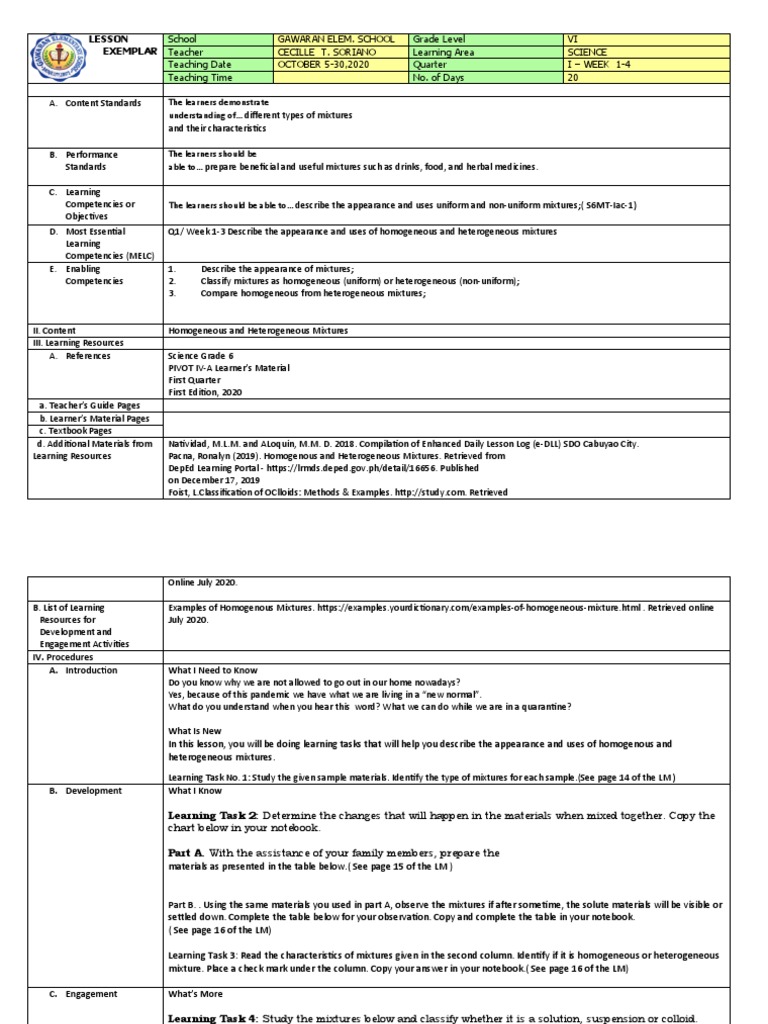 Grade 6 Science: Mixtures Lesson Plan | PDF | Mixture | Homogeneity And ...