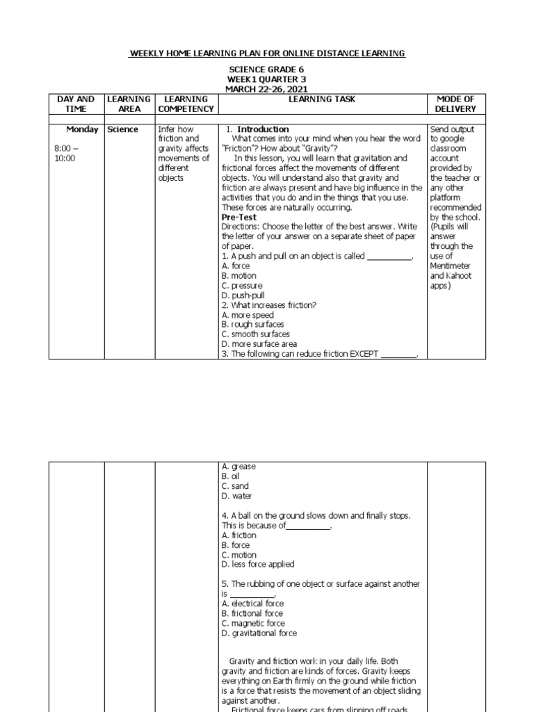 Weekly Home Learning Plan For Online Distance Learning-Q 3 Week 1 | PDF ...