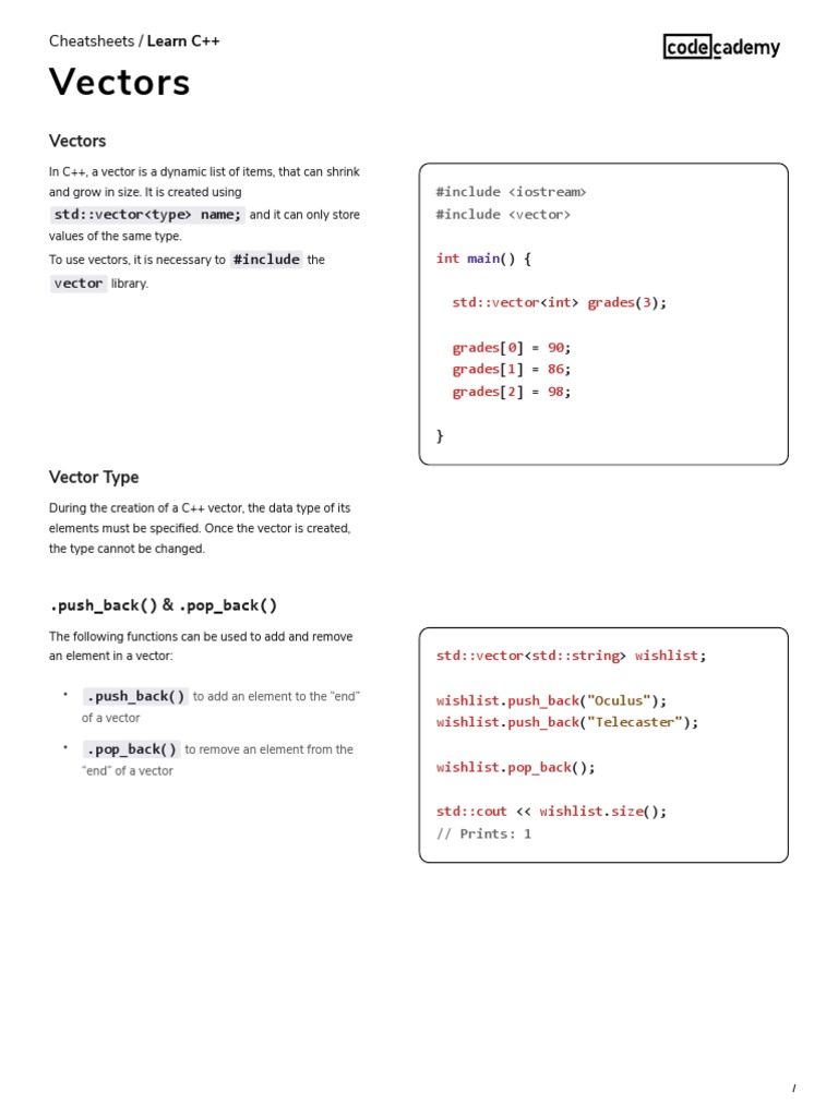 Learn C++ - Vectors Cheatsheet - Codecademy | PDF | Array Data Structure | Software Development