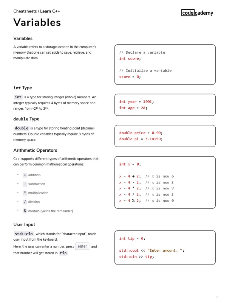 Learn C++ - Variables Cheatsheet - Codecademy | PDF | Integer (Computer Science) | Boolean Data Type