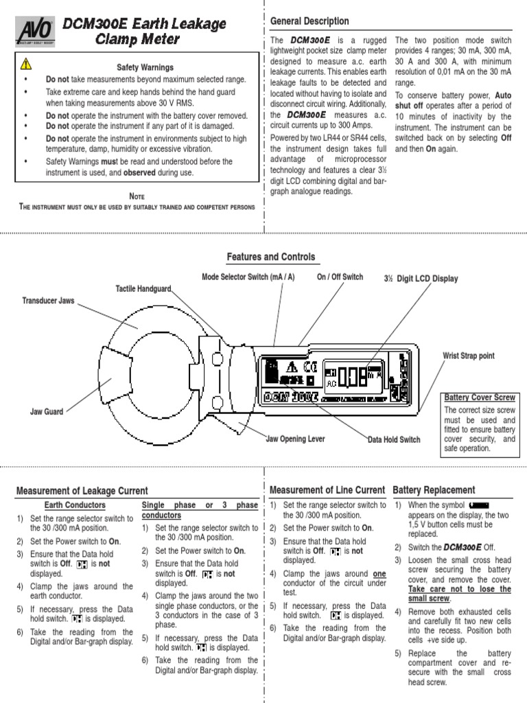 Megger DCM300E EarthLeakageclamper Manual | PDF | Switch | Electricity