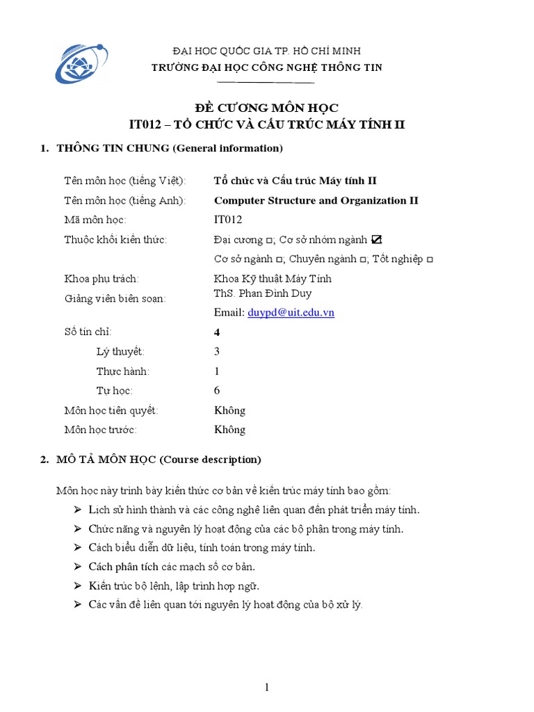 Đề cương môn học IT012 - Tổ chức cấu trúc máy tính | PDF