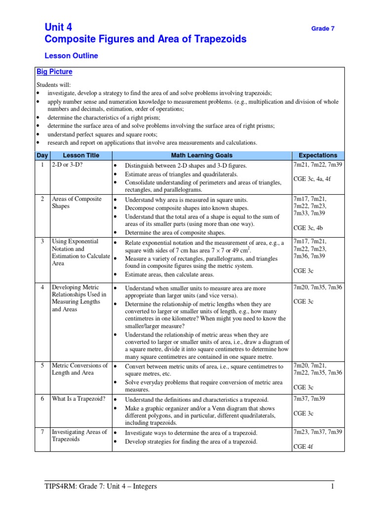 Unit 4 Composite Figures and Area of Trapezoids: Lesson Outline ...