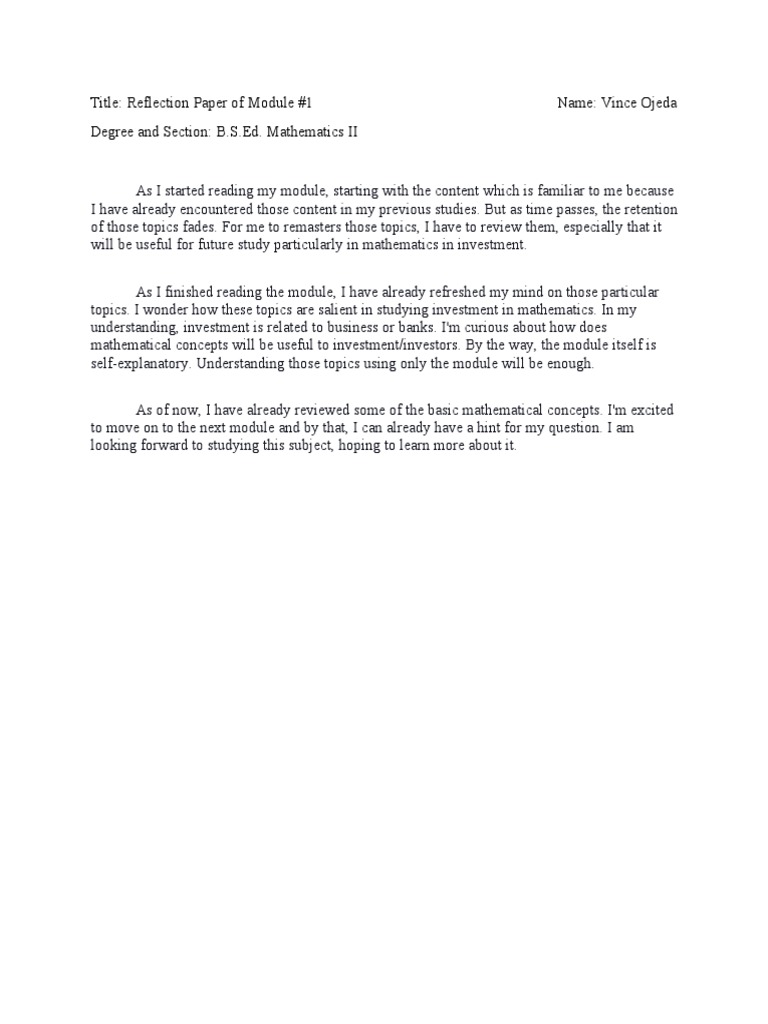 Title: Reflection Paper of Module #1 Name: Vince Ojeda Degree and ...
