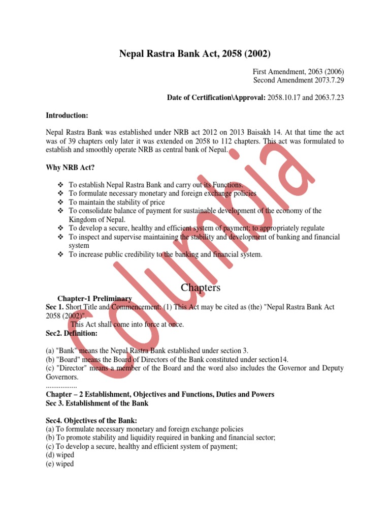 Nepal Rastra Bank Act 2058 Overview | PDF | Banks | Currency