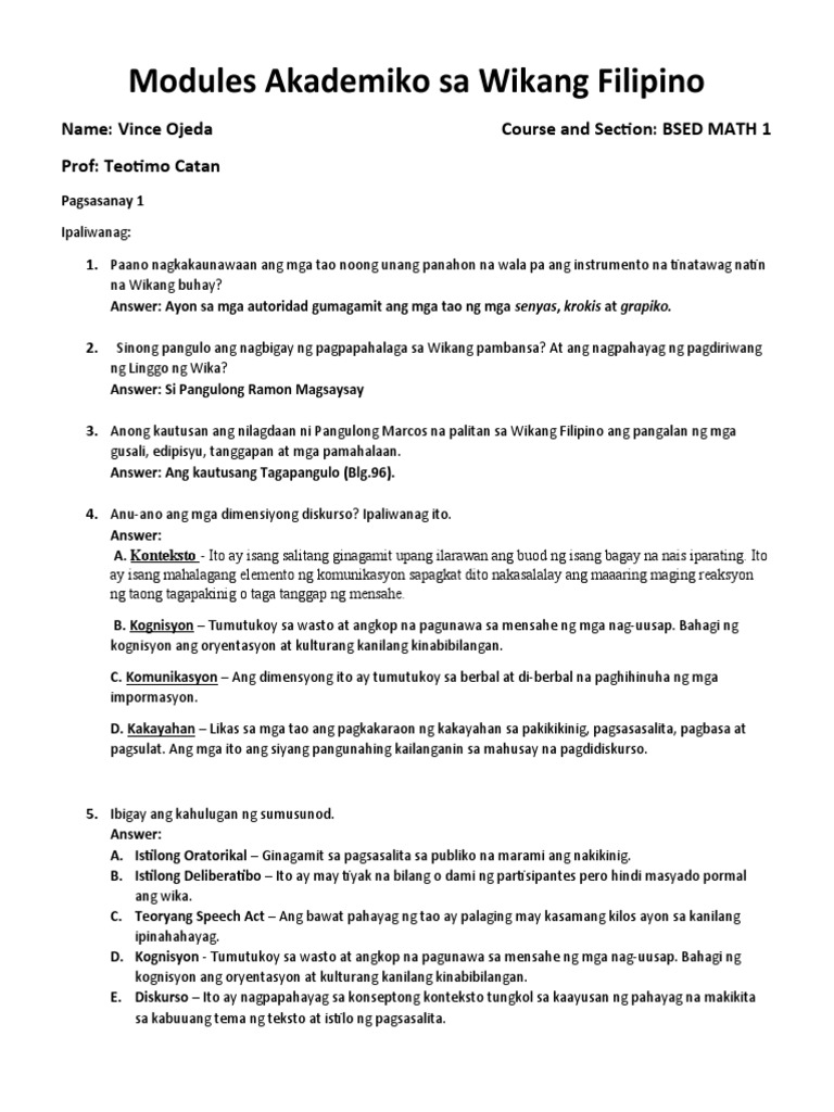 Pagsasanay 1 To 6 Modules Akademiko Sa Wikang Filipino | PDF