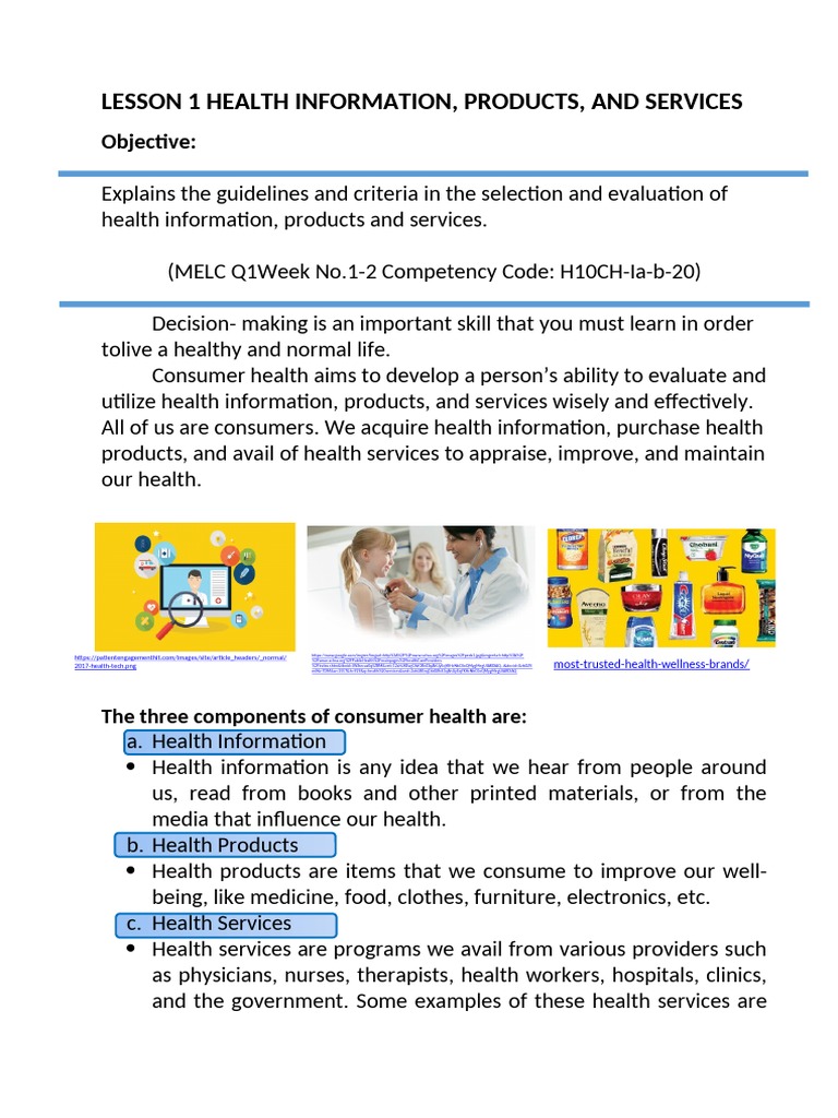 Lesson 1 Health Information, Products, and Services: Objective | PDF ...