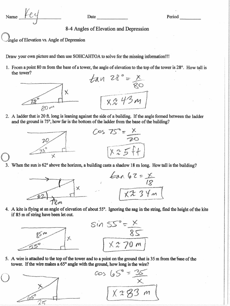 Angle Of Elevation And Depression Worksheet 2 Answer Key Angles Of