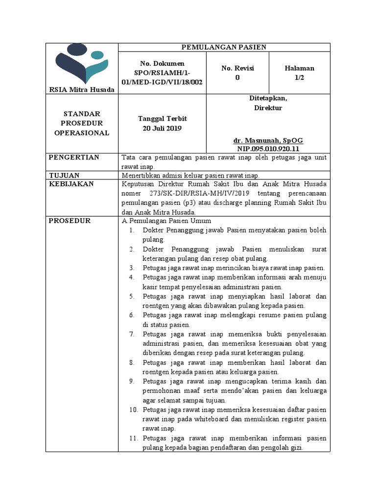 SPO Pemulangan Pasien (SDH) | PDF