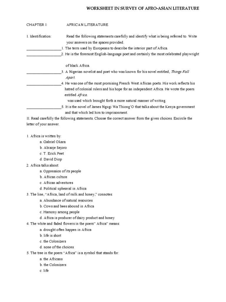 Grade 8 Afro-Asian Literature Worksheet | PDF | Poetry