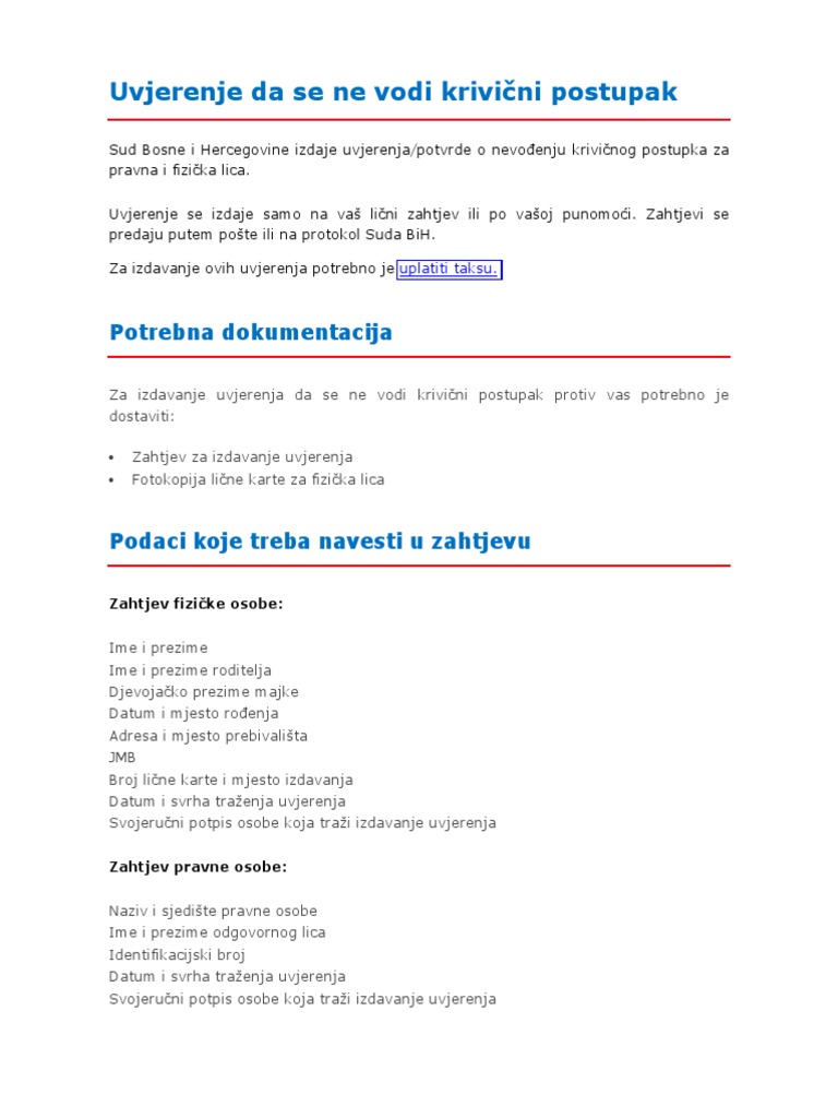 Uvjerenje Da Se Ne Vodi Krivicni Postupak BOS | PDF