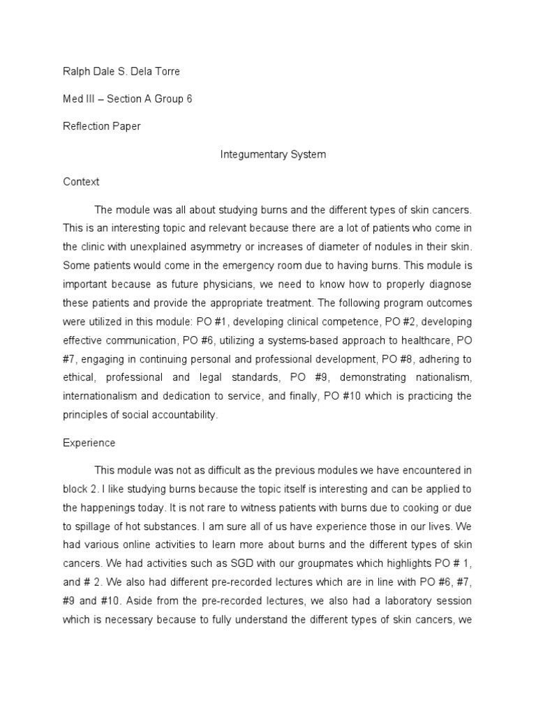 Integumentary System Reflection | PDF | Laboratories | Test (Assessment)