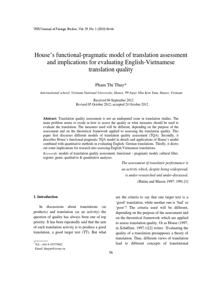 House's Functional-Pragmatic Model of Translation Assessment and ...