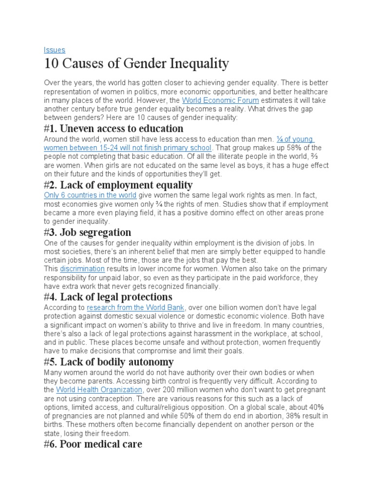10 Causes of Gender Inequality: #1. Uneven Access To Education | PDF ...