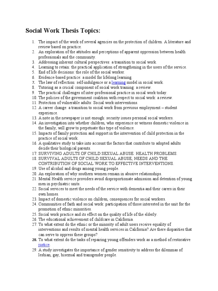 Social Work Thesis Topics - Samples | PDF | Social Work | Psychological ...