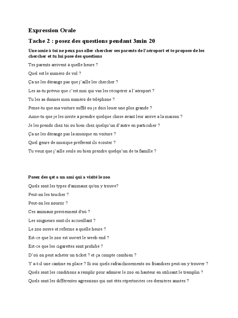 Questions pour l'Expression Orale TCF | PDF | Transport | Logement