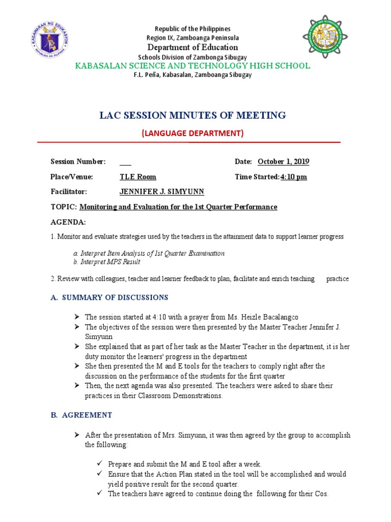 Lac Session Minutes of Meeting | PDF | Teachers | Learning