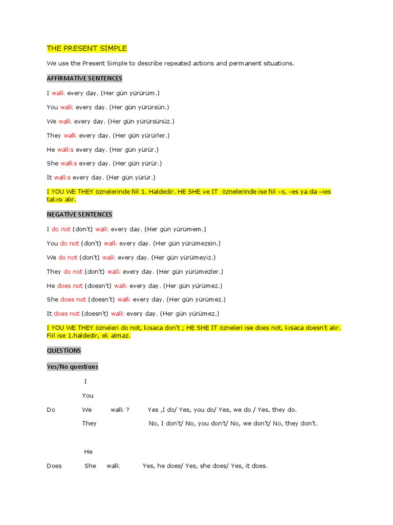 The Present Simple: Walk Walk Walk Walk Walks Walks Walks | PDF ...