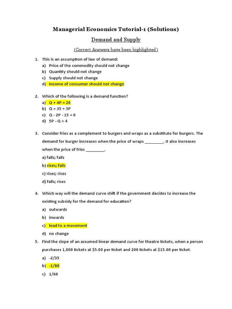 Managerial Economics Tutorial 1 Solution | PDF | Demand | Elasticity ...