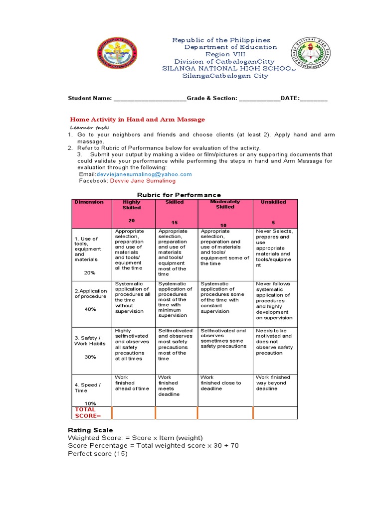 Home Activity in Hand and Arm Massage | PDF | Rubric (Academic) | Cognition