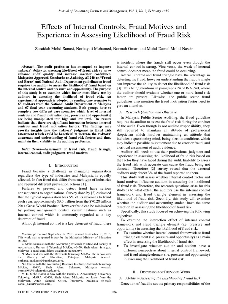 Effects of Internal Controls, Fraud Motives and Experience in Assessing ...