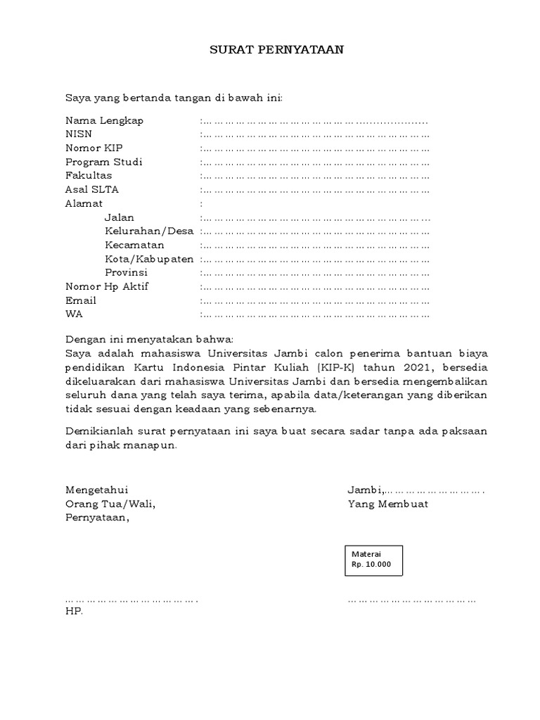 Surat Pernyataan Materai KIP-K 2021 | PDF