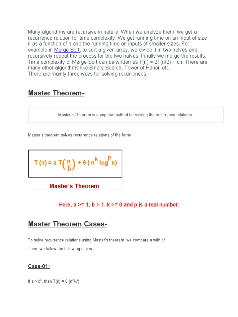 Master Theorem-: Merge Sort | PDF | Time Complexity | Recurrence Relation