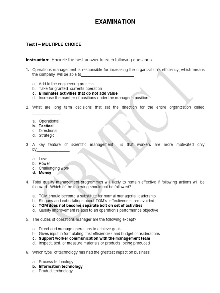 Operations Management Exam Questions | PDF | Customer | Brand