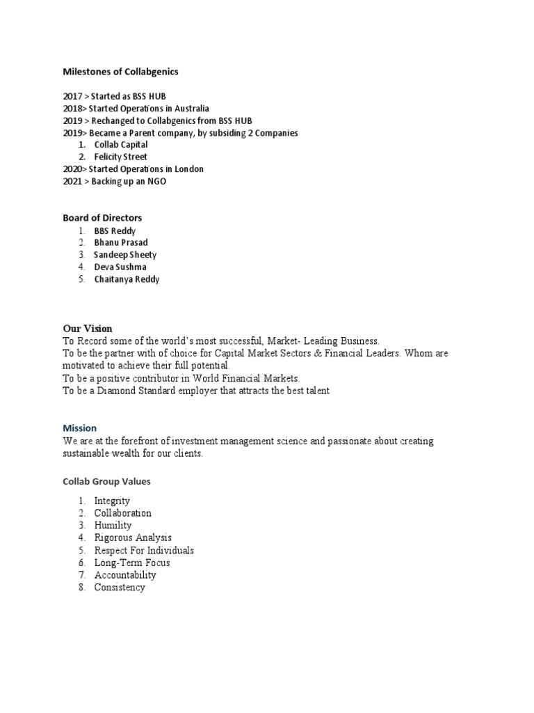 Milestones of Collabgenics: Mission | PDF | Career & Growth | Business