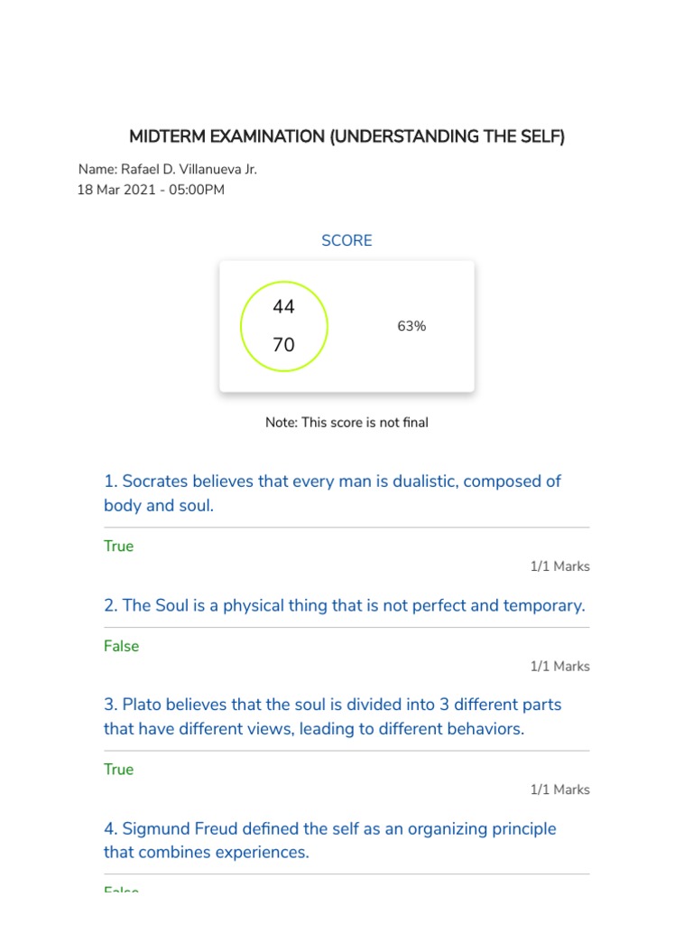 Midterm Examination (Understanding The Self) : Score | PDF | Self | Soul