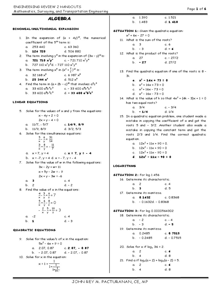 Algebra: Binomial/Multinomial Expansion SITUATION 1: Given The Quadratic Equation | PDF ...