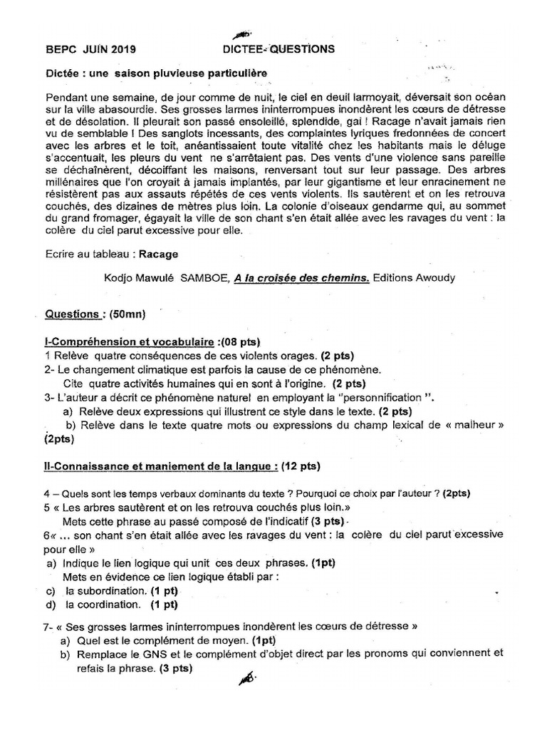 Epreuve Bepc 2019 Dictee Questions, Togo | PDF