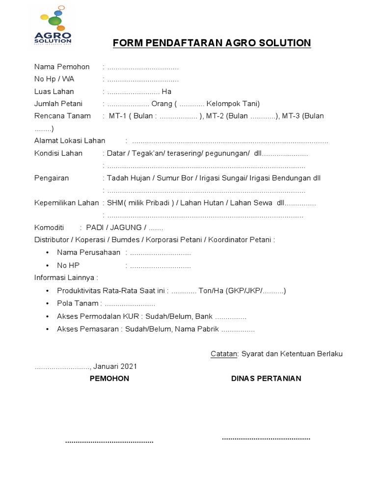 Form Pendaftaran Agro Solution Tahun 2021 Rev | PDF