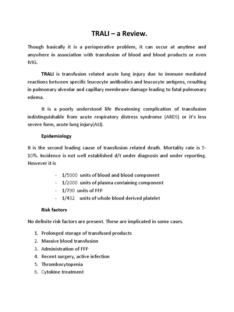 TRALI - A Review.: TRALI Is Transfusion Related Acute Lung Injury Due ...