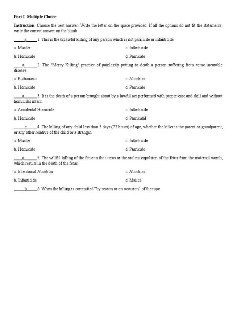 Part I-Multiple Choice Instruction: Choose The Best Answer. Write The Letter On The Space ...
