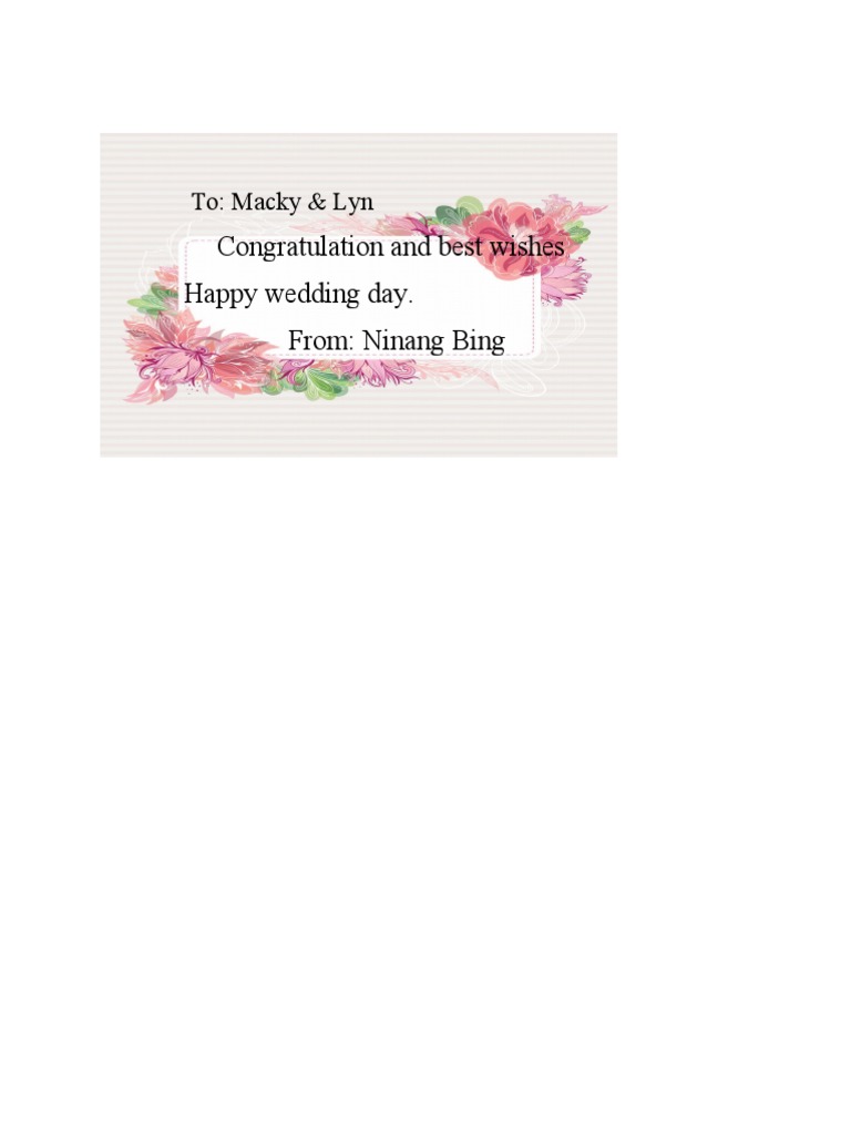Congratulation and Best Wishes Happy Wedding Day. From: Ninang Bing | PDF