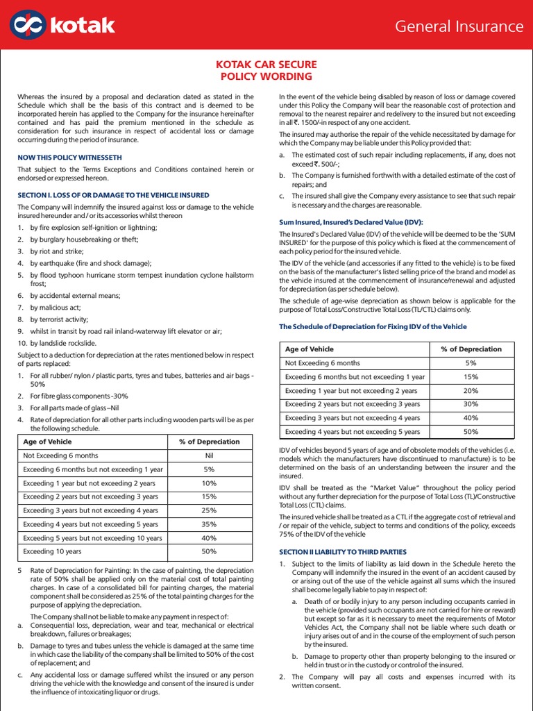 General Insurance: Kotak Car Secure Policy Wording | PDF | Indemnity ...