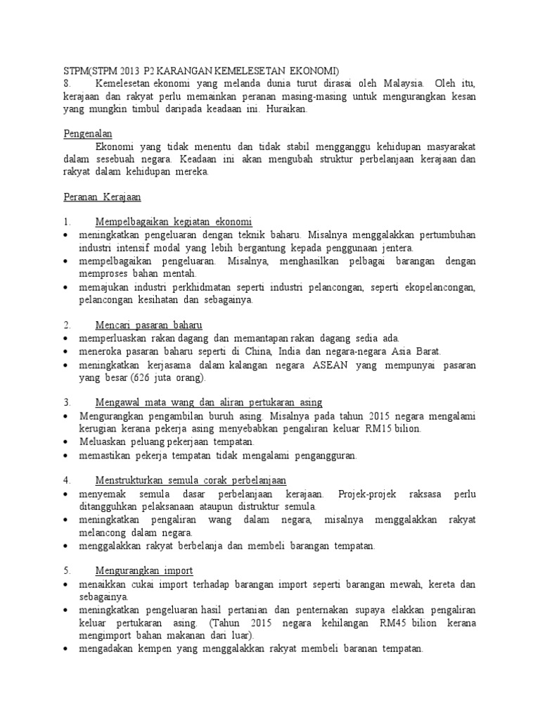 STPM 2013 p2 Karangan Kemelesetan Ekonomi | PDF